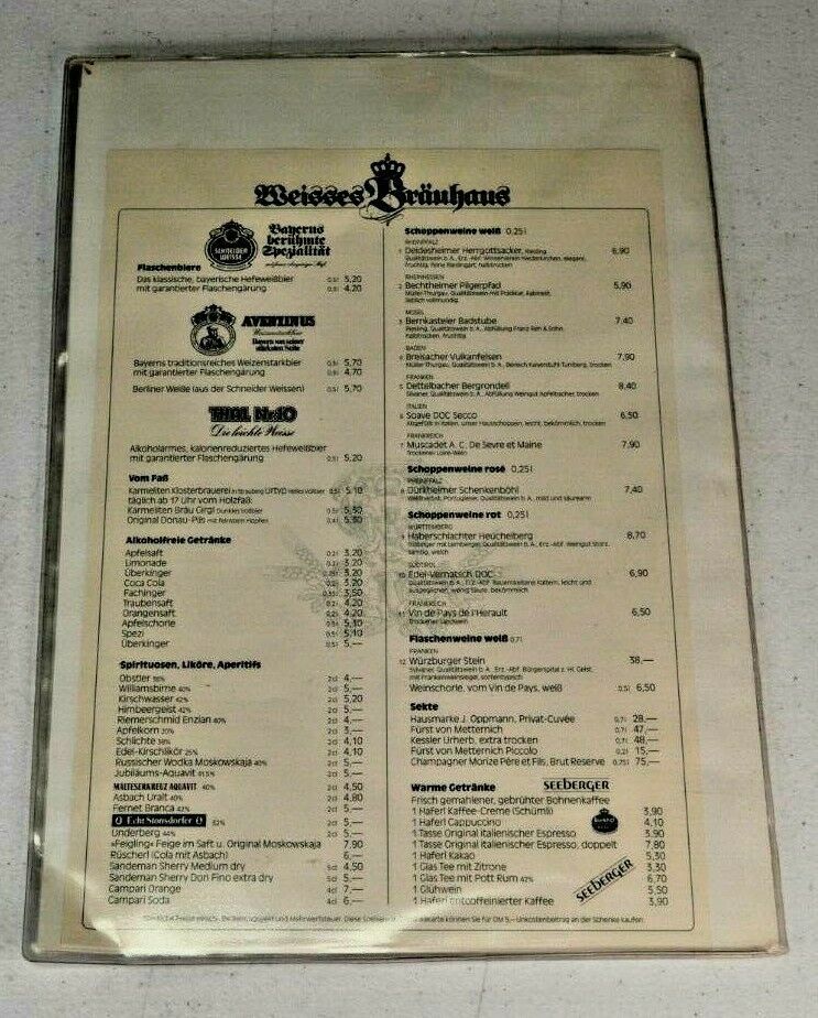 Vintage Schneider Weisse Weisses Branhaus Speisen & Getranke Menu ...