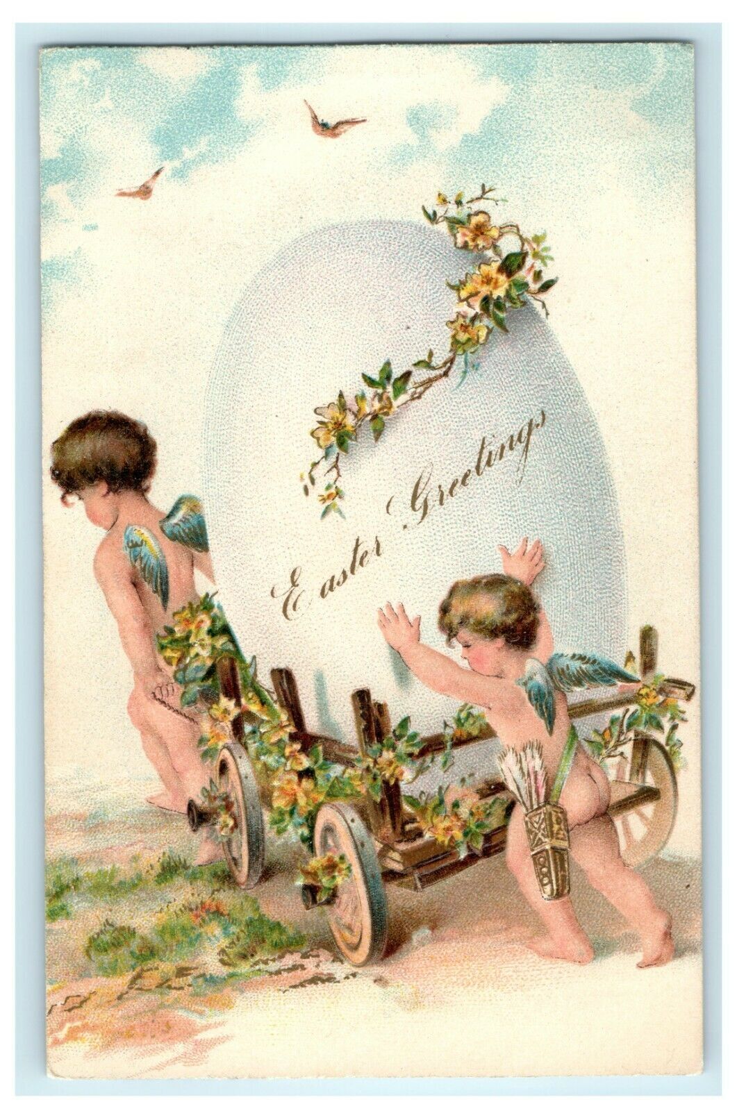 1909 Easter Angels Bare Butt Pushing Cart With White Big Egg Embossed ...