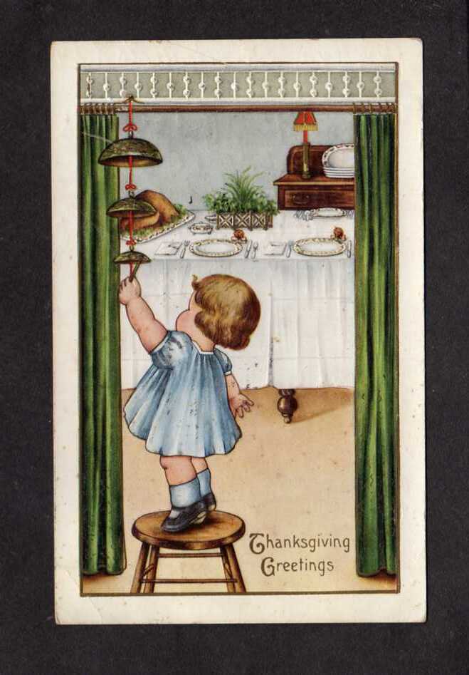 Thanksgiving Greetings Turkey Little Girl Ringing Bell Stool Postcard ...
