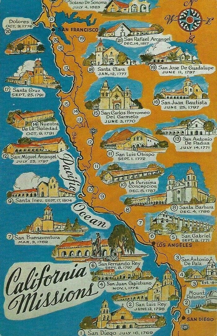 Vintage Postcard - California Missions Map Built Between 1776 And 1831 ...