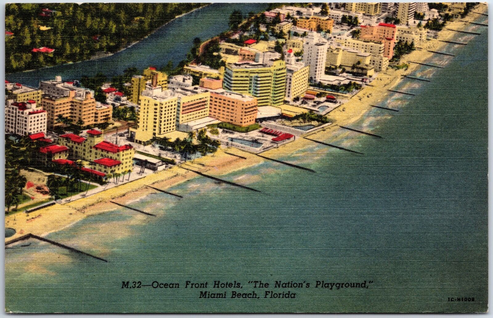 Vintage Postcard Aerial View of Ocean Front Hotels & Piers at Miami ...
