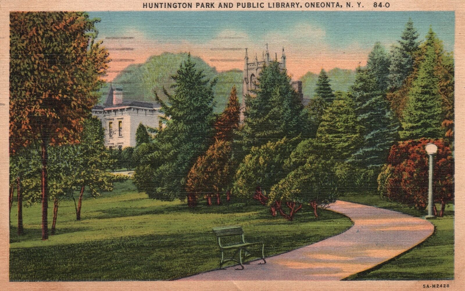 Vintage Postcard 1955 Huntingto Park & Public Library Pinetrees Oneonta ...