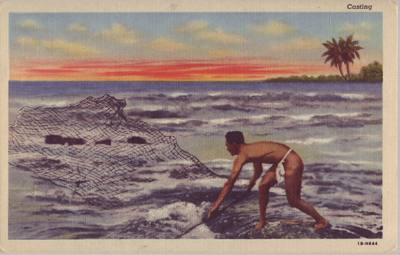 GUAM - MAN IN NATIVE DRESS as he casts his net FISHING IN OCEAN - 1940s ...