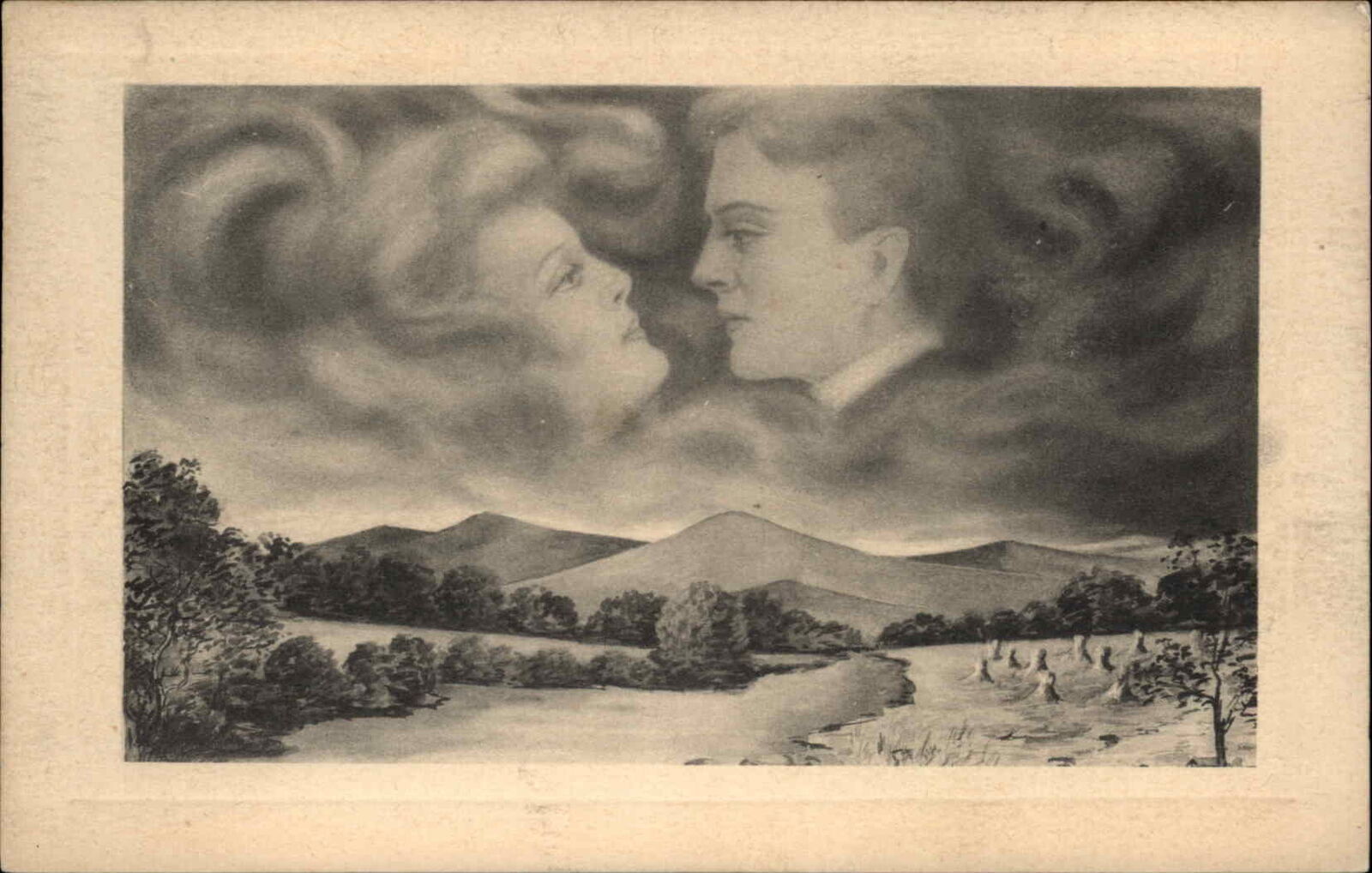 Fantasy Faces Beautiful Woman Handsome Man Clouds Metamorphic Postcard ...