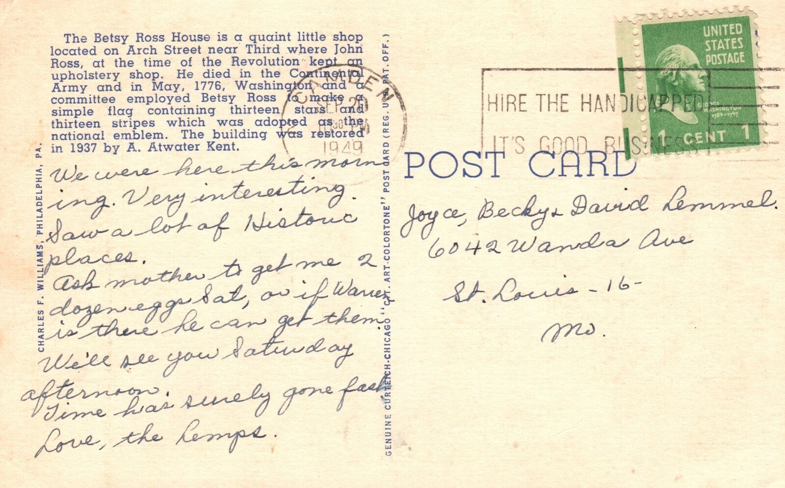 Vintage Postcard 1949 Betsy Ross House Arch Street Philadelphia ...