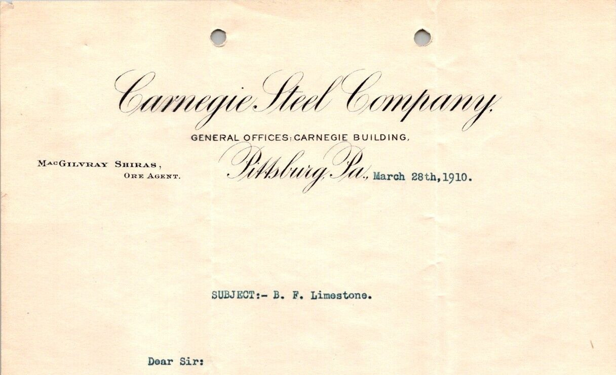 1910 Carnegie Steel Company General Offices Letter B F Limestone ...
