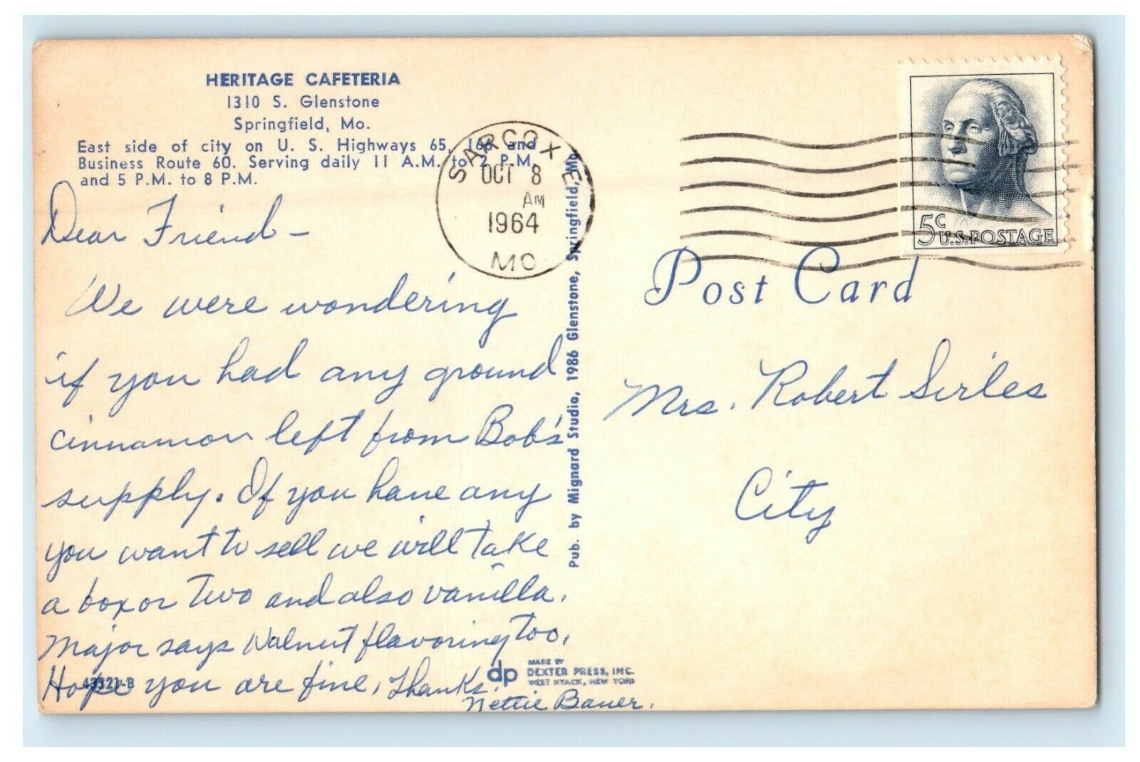 1964 Heritage Cafeteria Dining Room Interior Springfield Missouri MO ...