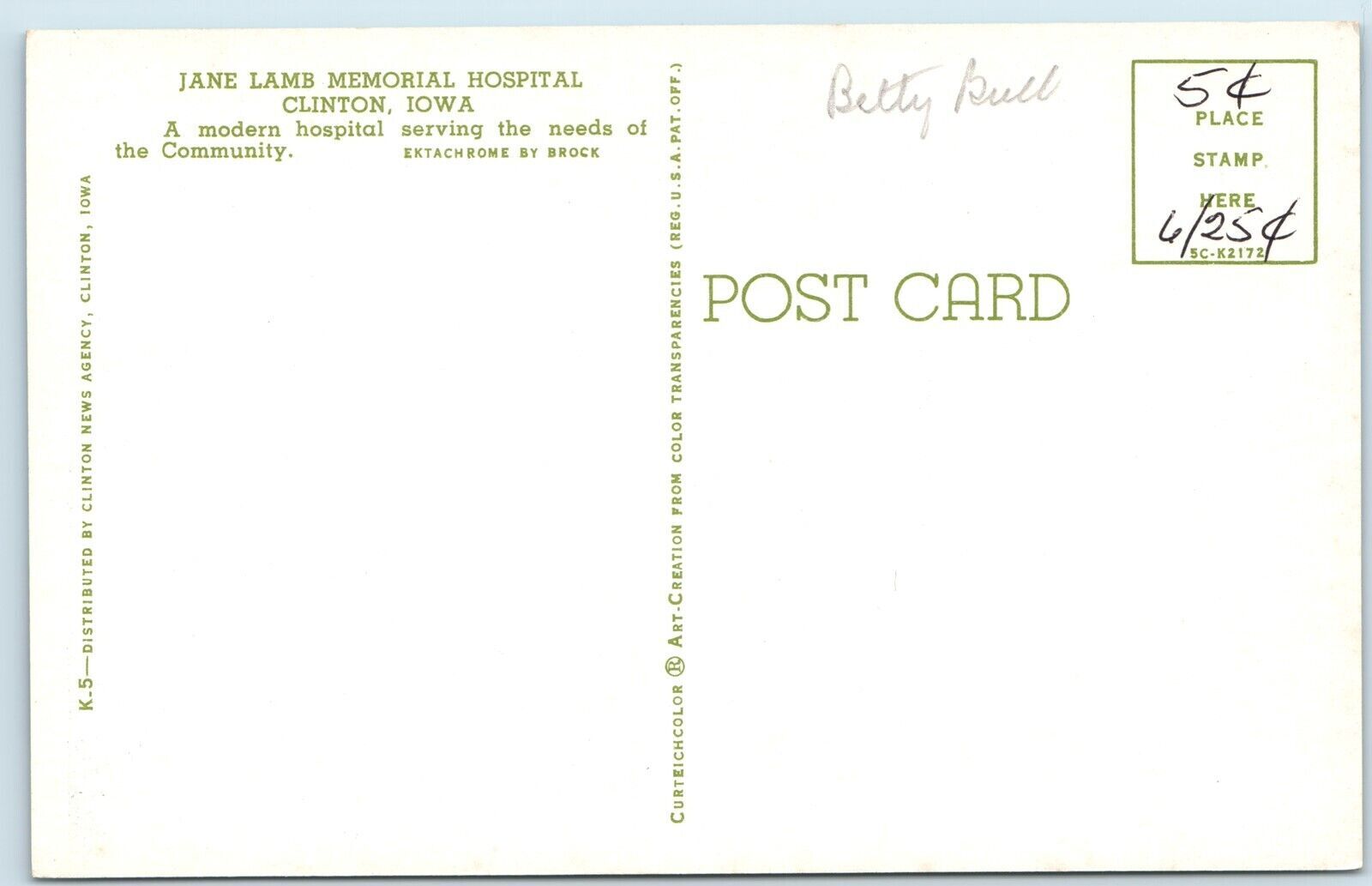 1955 Clinton, IA Jane Lamb Memorial Hospital Roadside Chrome Photo ...