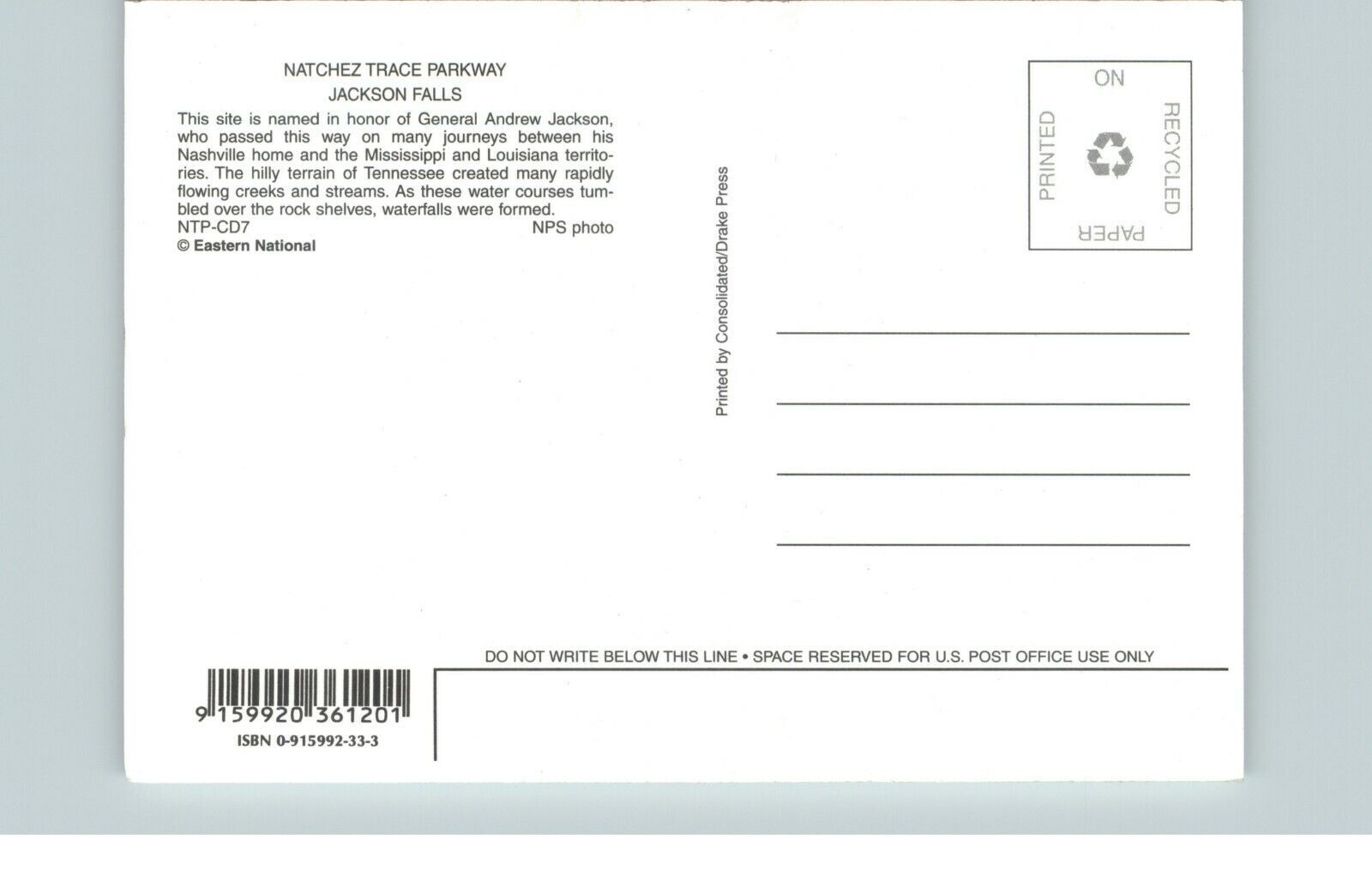 Postcard Natchez Trace Parkway Jackson Falls in honor of Andrew Jackson ...