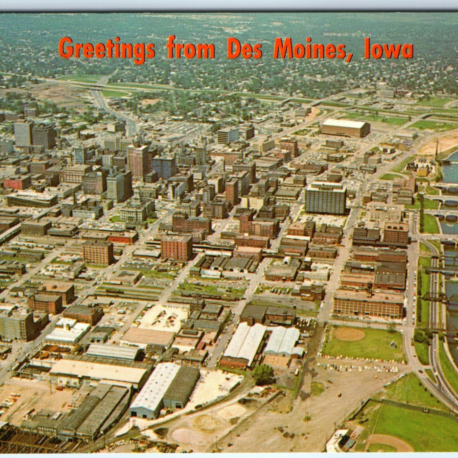 c1970s Des Moines, IA Greetings Downtown Birds Eye Aerial Railway ...