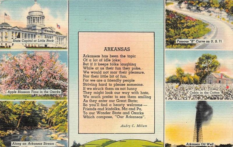AR, Arkansas POEM by AUDRY C MILUM & Multiple State Views 1947 Linen ...