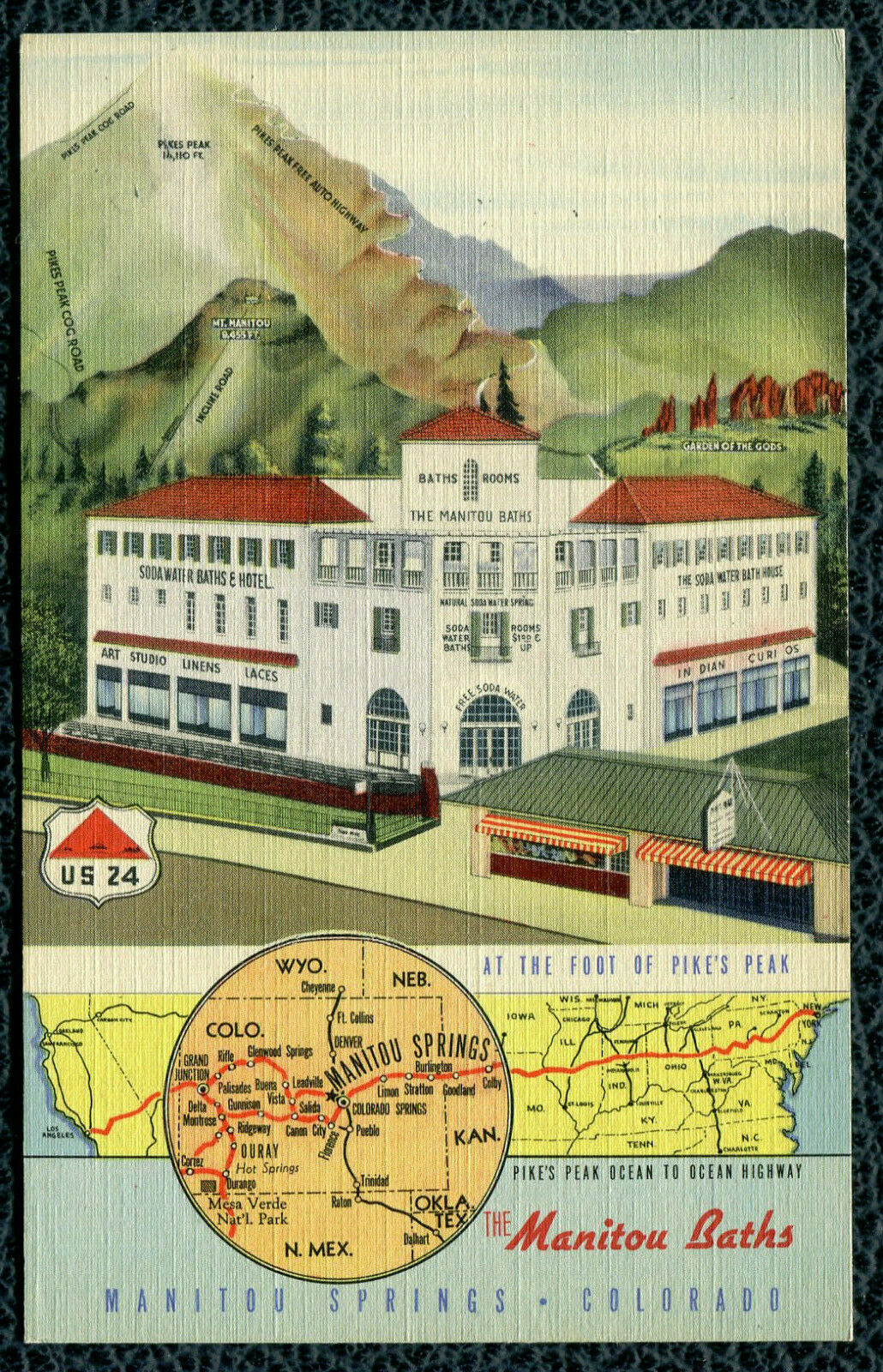 Manitou Baths Manitou Springs Colorado co map linen postcard | United ...
