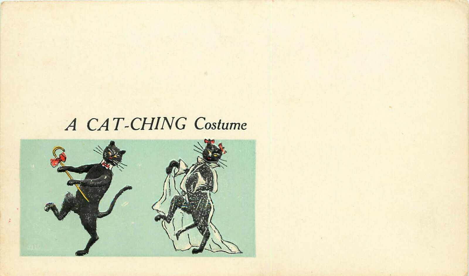 Embossed Postcard Vignette of Black Cats in Dress and Cane A Cat-Ching ...