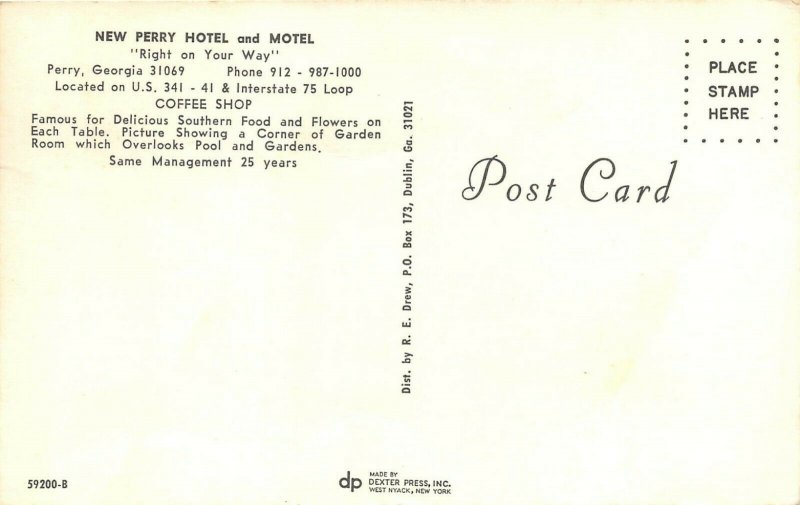 Perry Georgia 1960s Postcard New Perry Hotel & Motel Coffee Shop ...