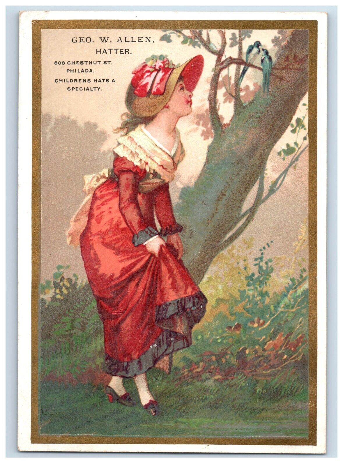 1880s Geo. W. Allen Hatter Lovely Lady Regency Era Dress & Blue Birds #6F | Ephemera - Chromo ...