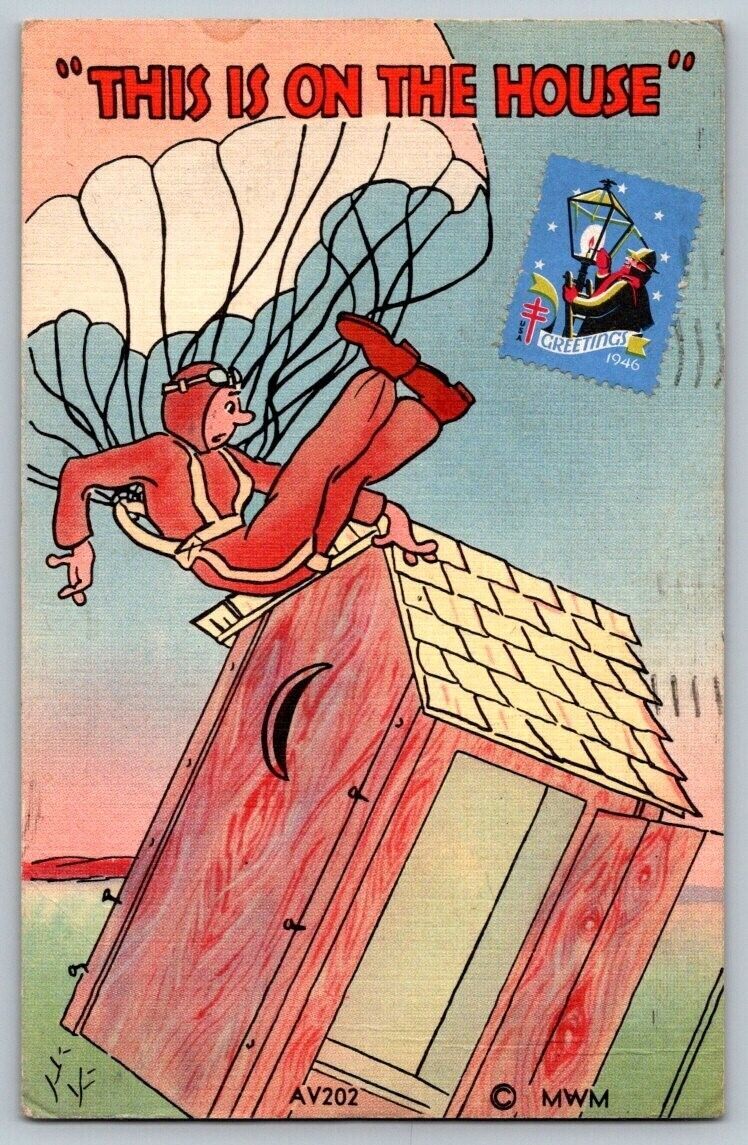US Army Humor Postcard - Paratrooper Landing on Outhouse - 82nd 101st ...