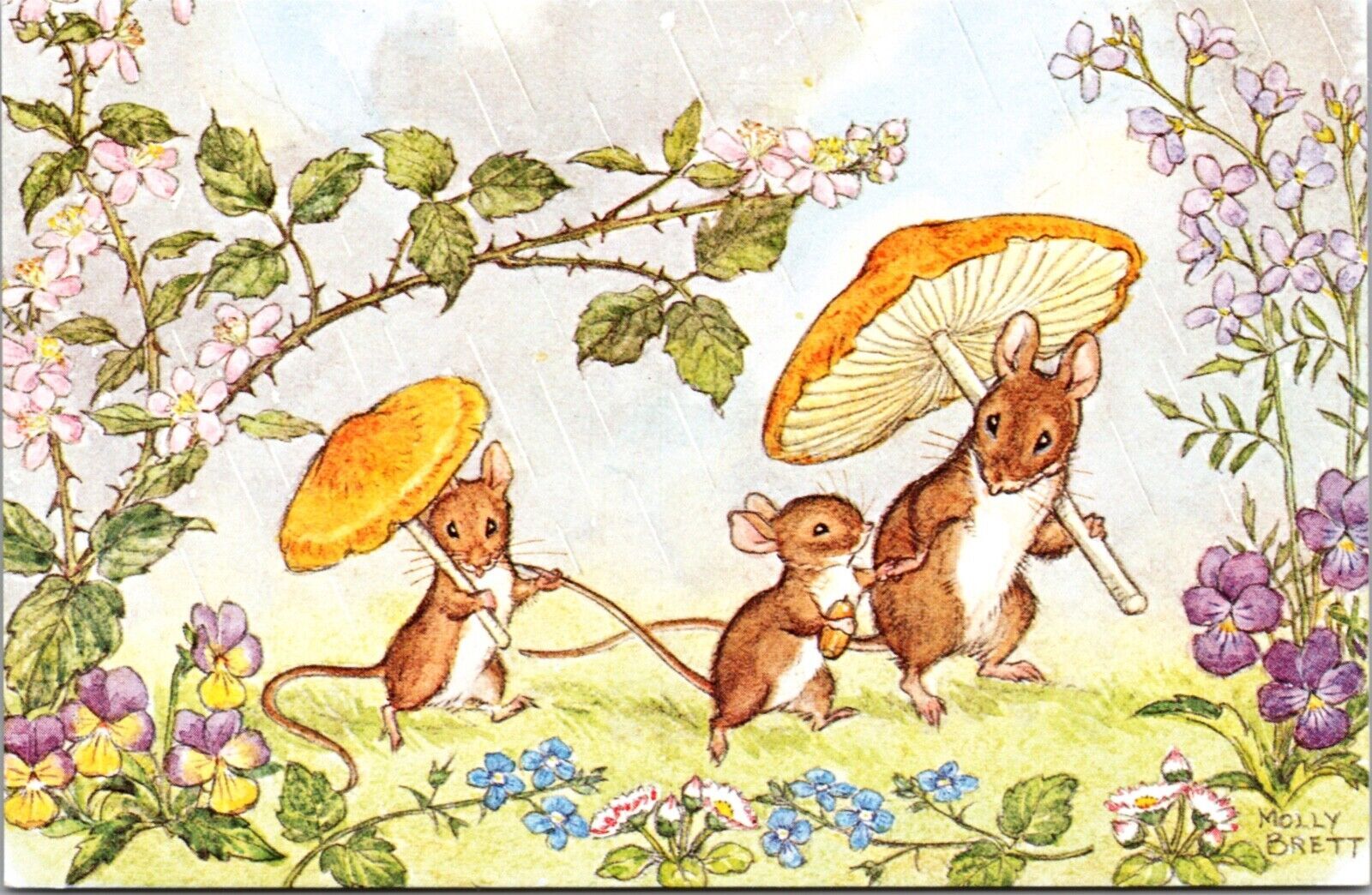 Molly Brett Postcard Spring Shower Mice Using Mushrooms as Umbrellas ...