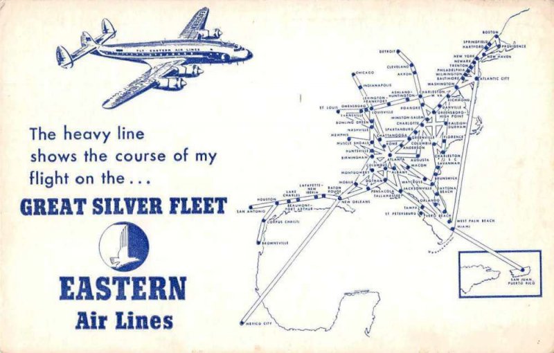 Eastern Air Lines Great Silver Fleet Flight Routes Map Postcard ...