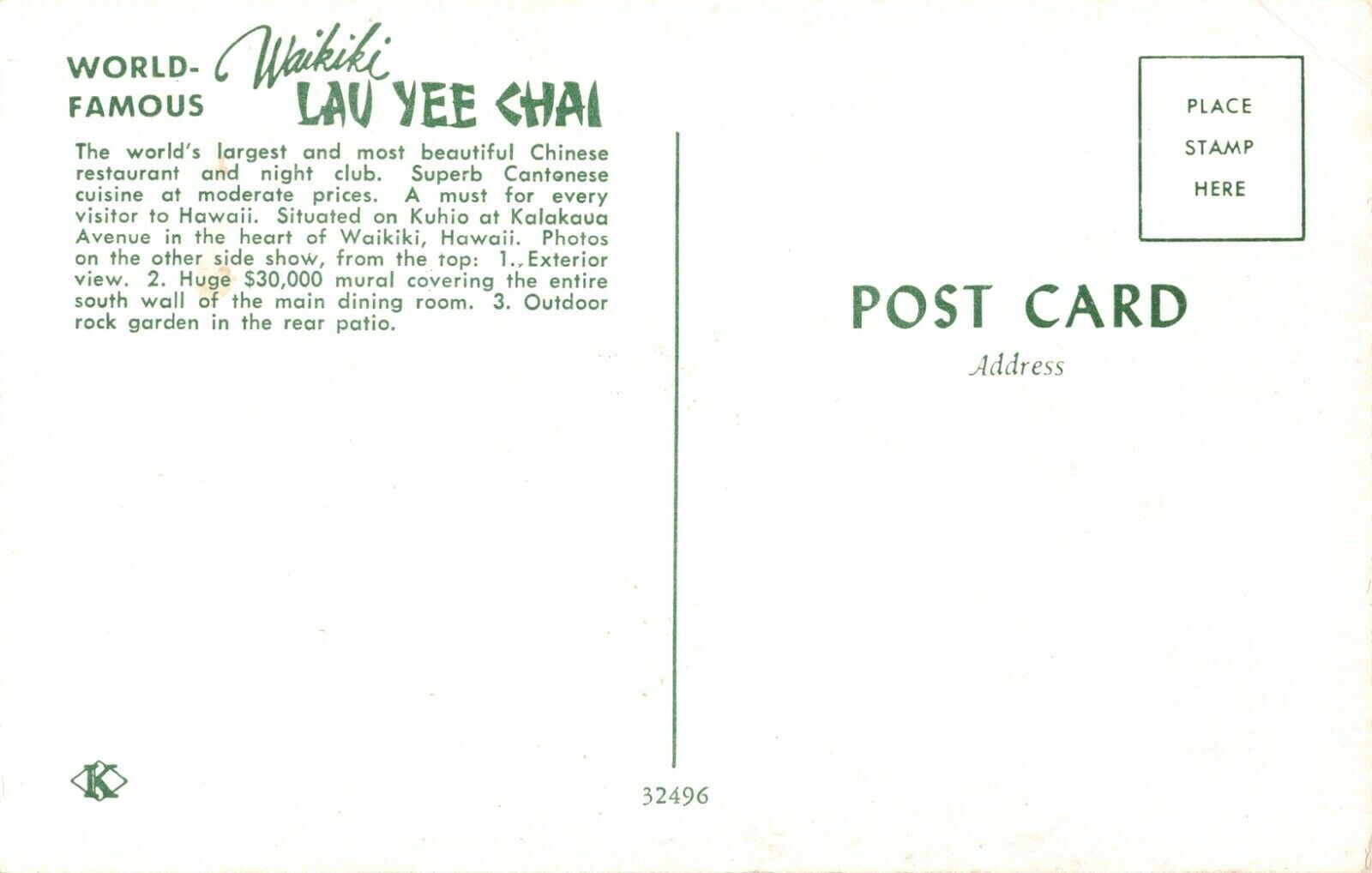Waikiki Lau Yee Chai Restaurant Kuhio at Kalakaua Ave Hawaii Postcard ...