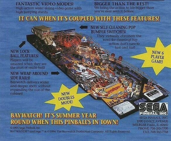 Baywatch 1995 Original Arcade Pinball FLYER Pamela Anderson David ...