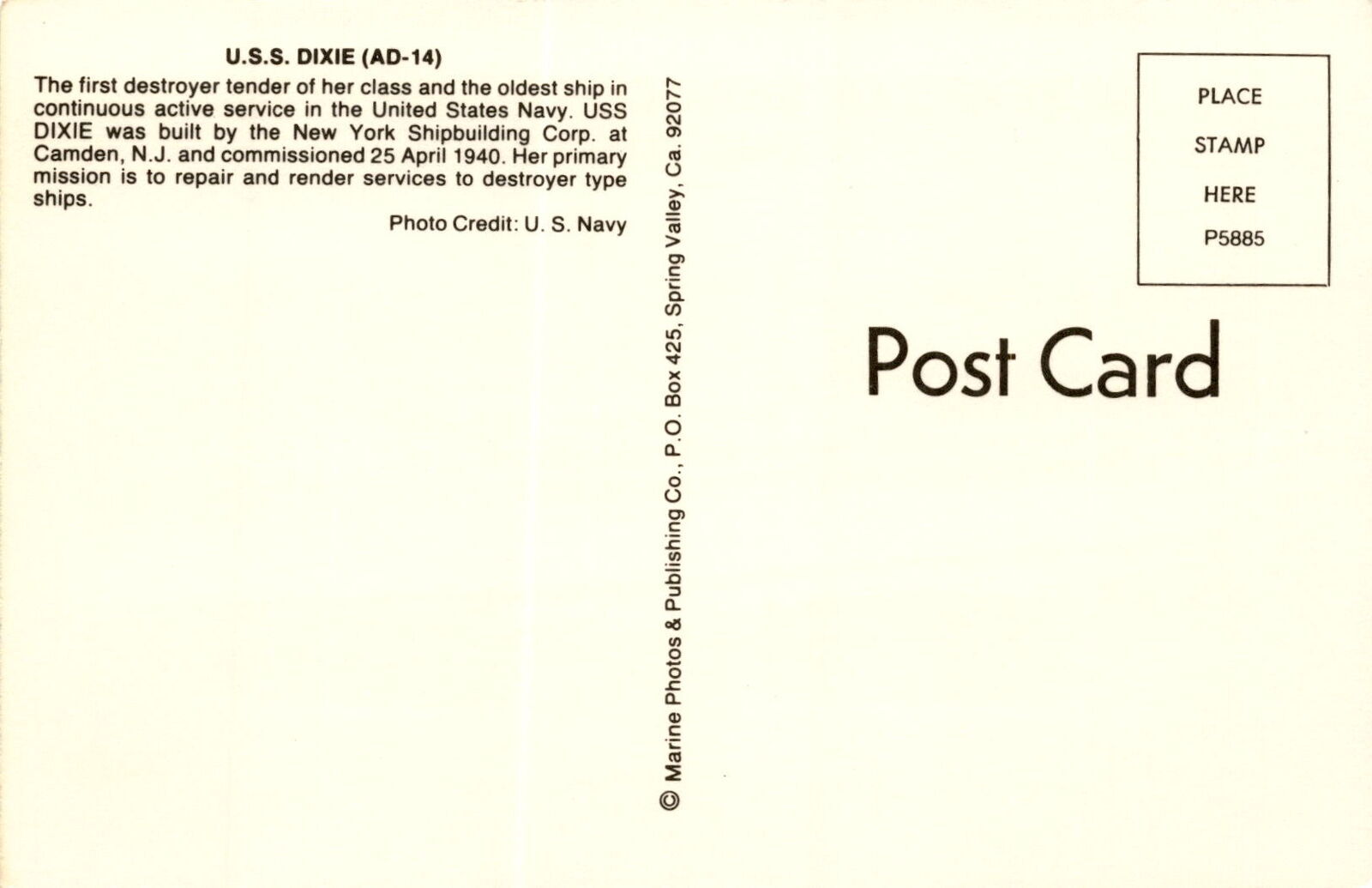 U.S.S. Dixie (AD-14), destroyer tender, United States Navy, Postcard ...