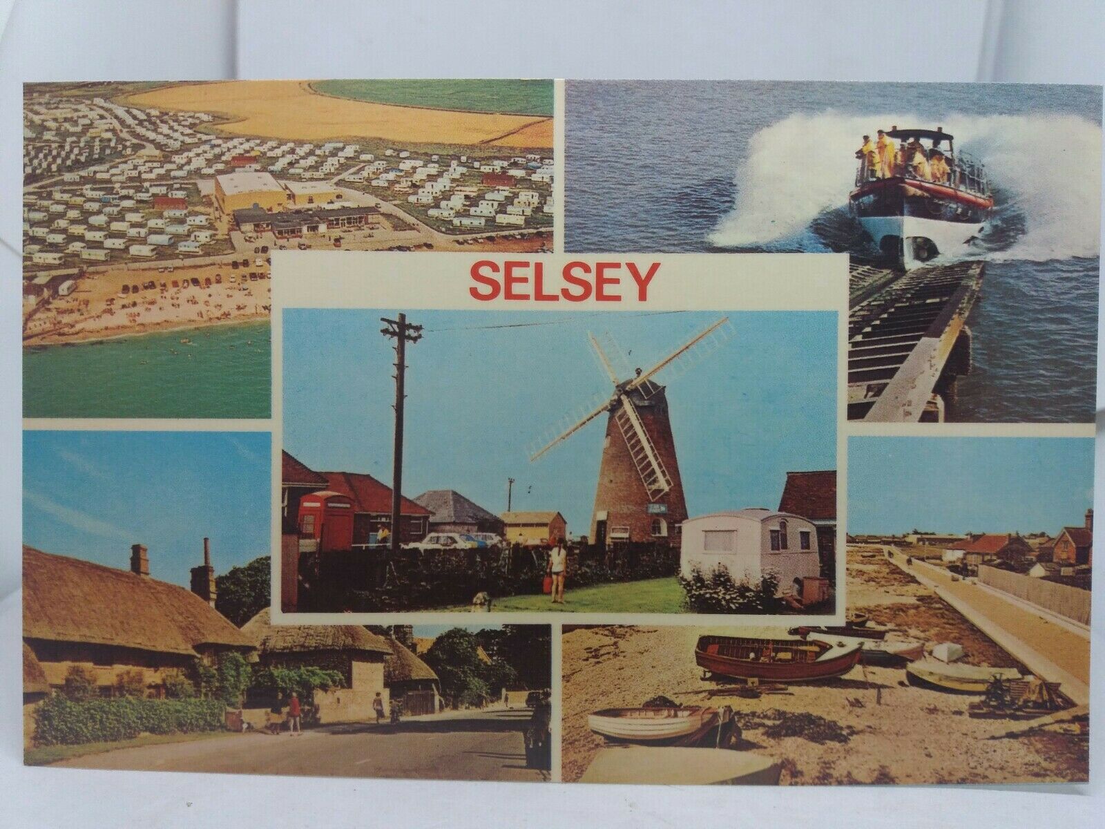 Multiview Postcard Selsey Lifeboat Launch Windmill West Sands Caravan ...