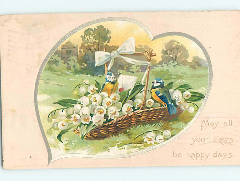 Pre-Linen Tuck Bird Sits in Lily of the Valley Flower Basket Hj4432 ...