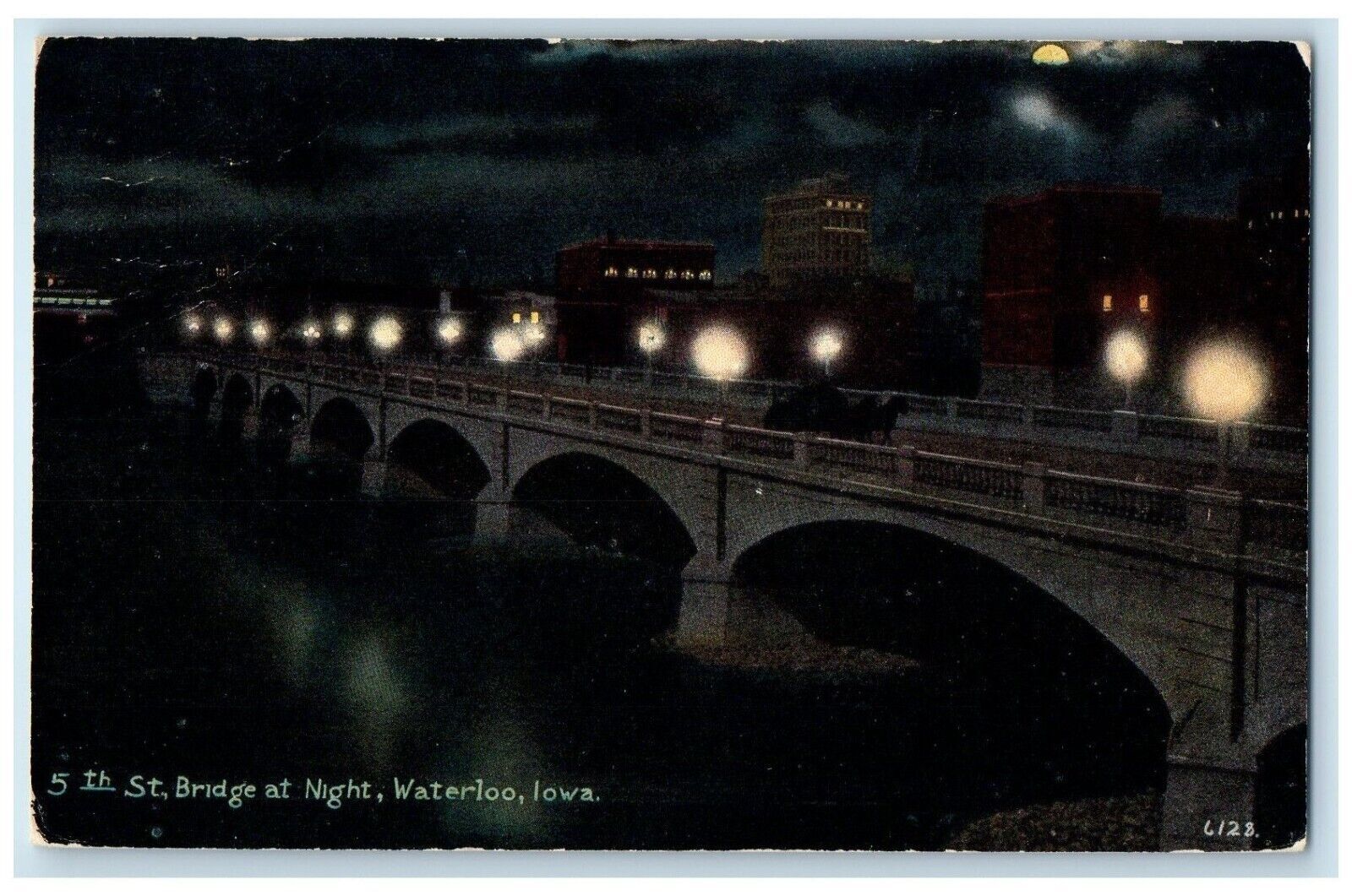 1913 St. Bridge Night Moon Exterior Building River Lake Waterloo Iowa ...