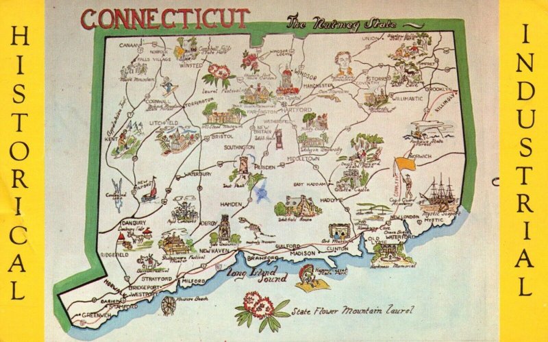 Postcard CT Connecticut State Map Historical Industrial 1960 Vintage PC ...