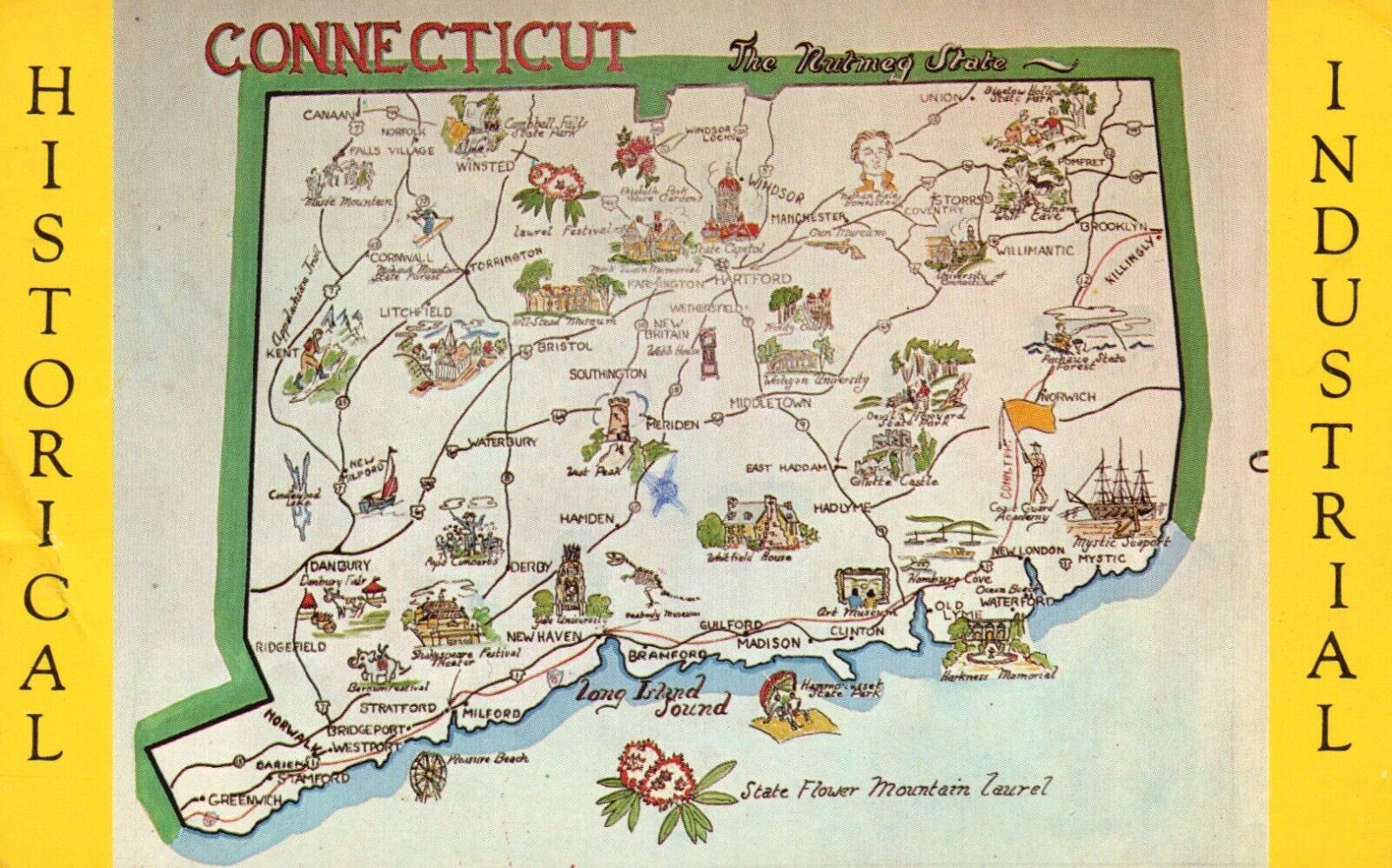 Postcard CT Connecticut State Map Historical Industrial 1960 Vintage PC ...