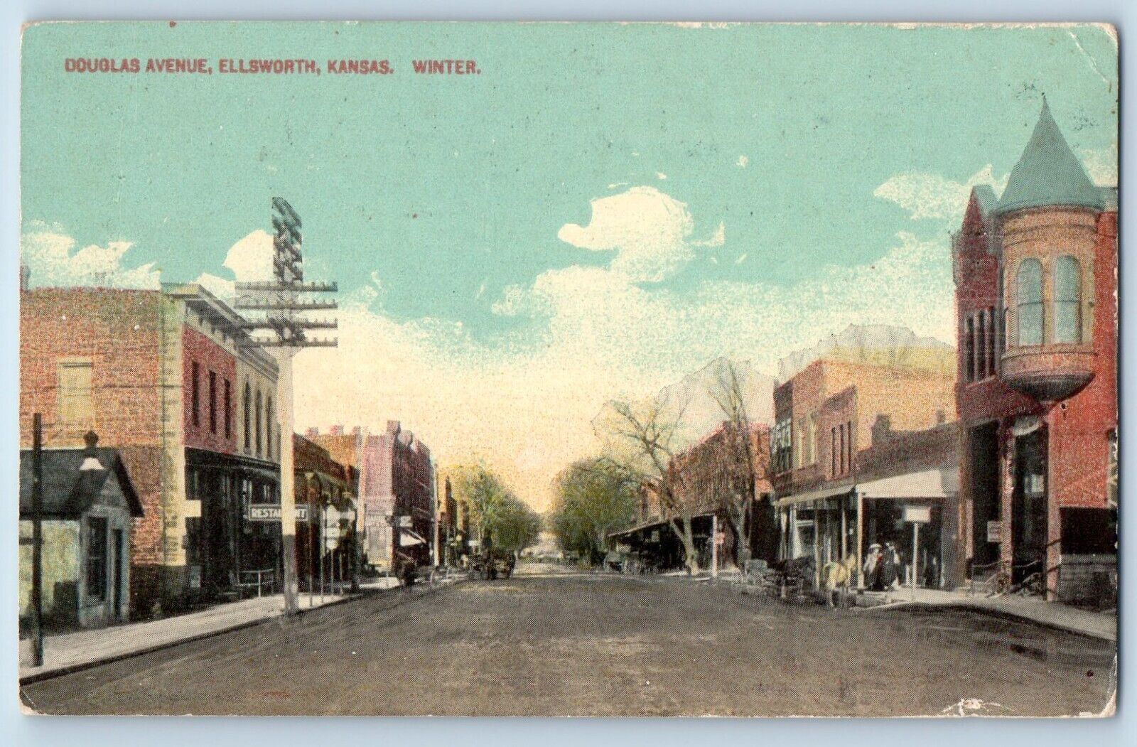 Ellsworth Kansas KS Postcard Douglas Avenue Winter Scene Buildings ...