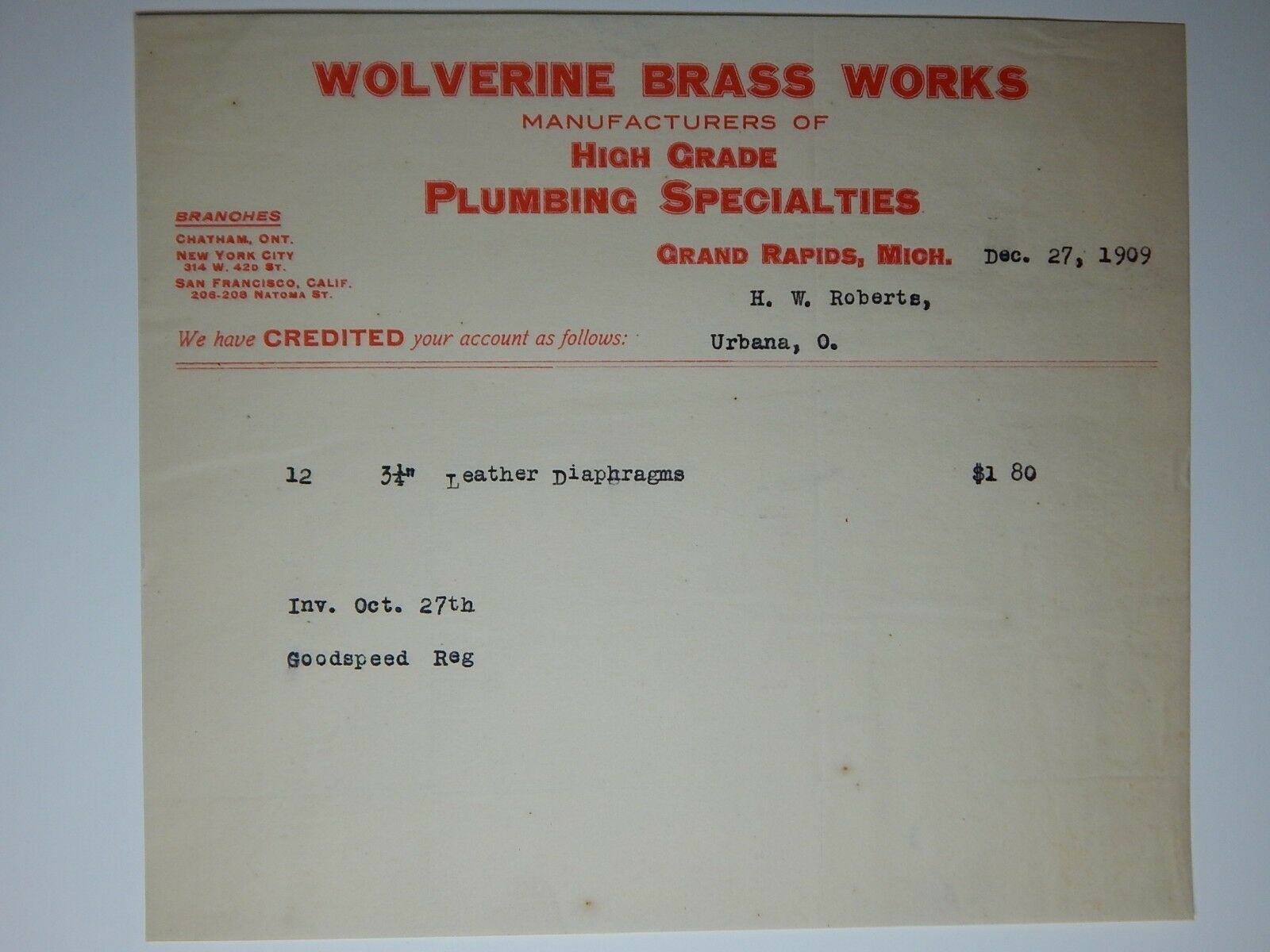1909 WOLVERINE BRASS WORKS Leather Diaphragms GRAND RAPIDS MICHIGAN ...