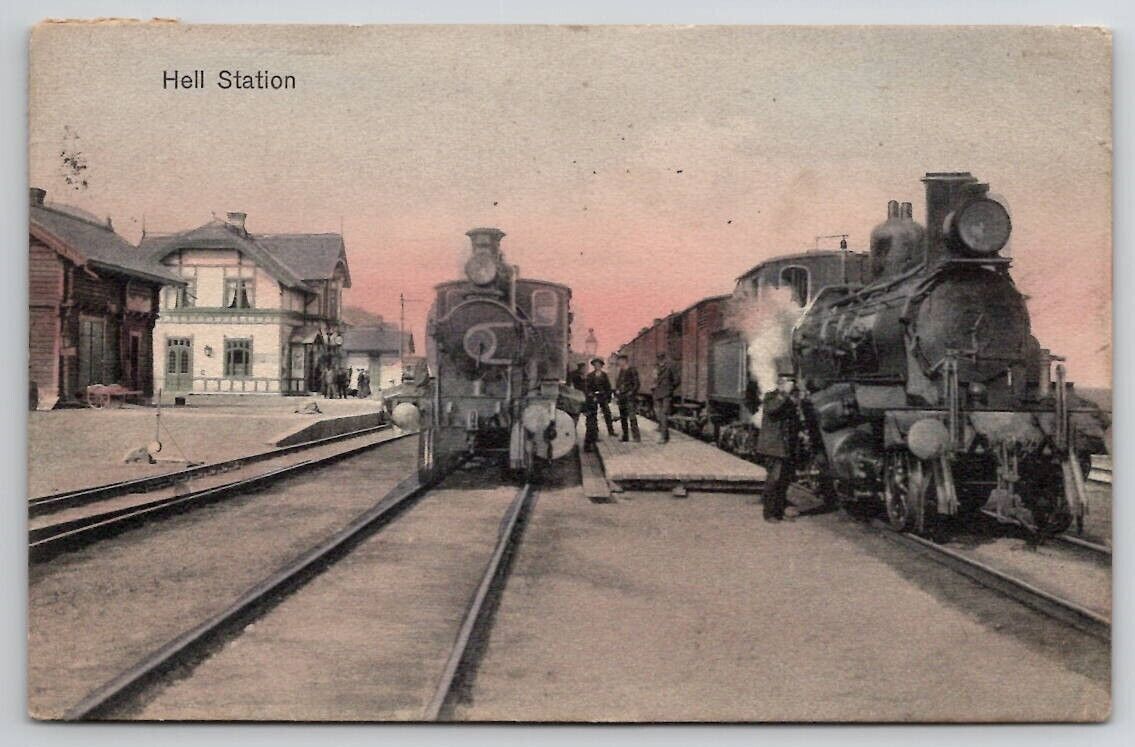 Norway Hell Station Railroad Depot Locomotives Men Buildings 1909 ...