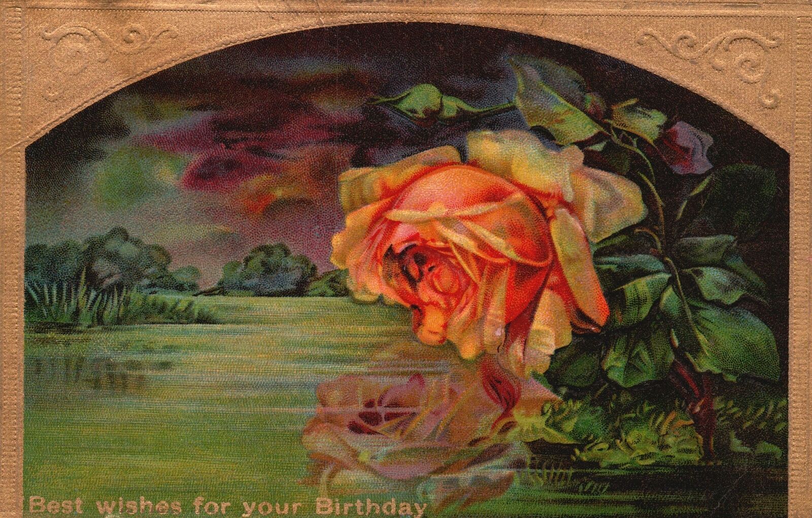 Vintage Postcard Best Wishes For Your Birthday Landscape With Flower ...