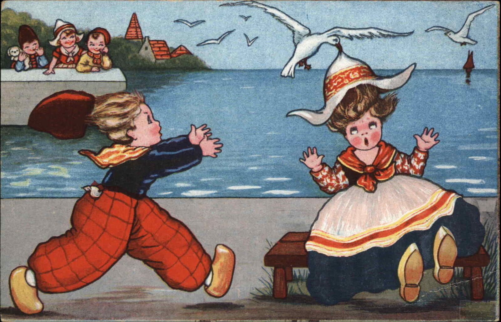 Comic Dutch Children Sea Gull Steals Little Girl's Hat c1910 Vintage Postcard | Africa - Algeria ...