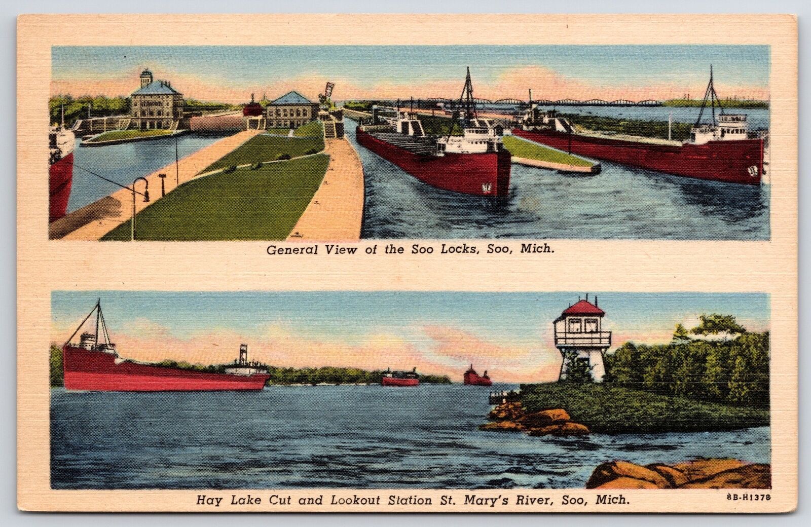 Soo Locks & Look Out Station St. Mary's River General View Soo Michigan ...