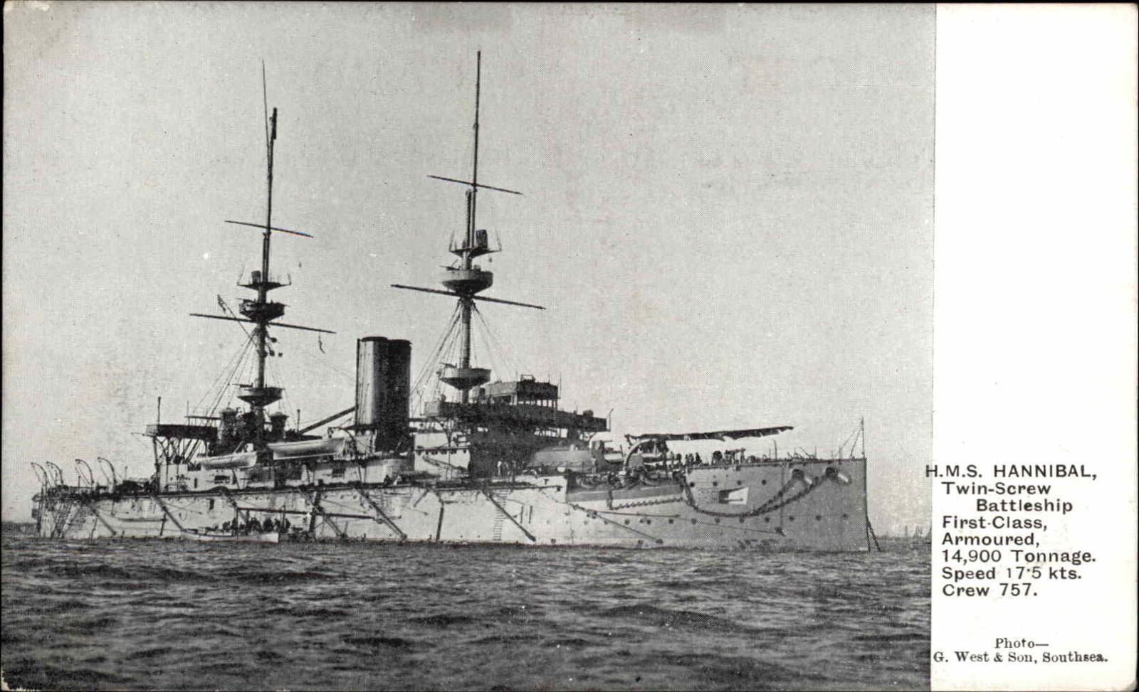 Vintage Postcard HMS Hannibal BRITISH NAVY Twin Screw Battleship ...