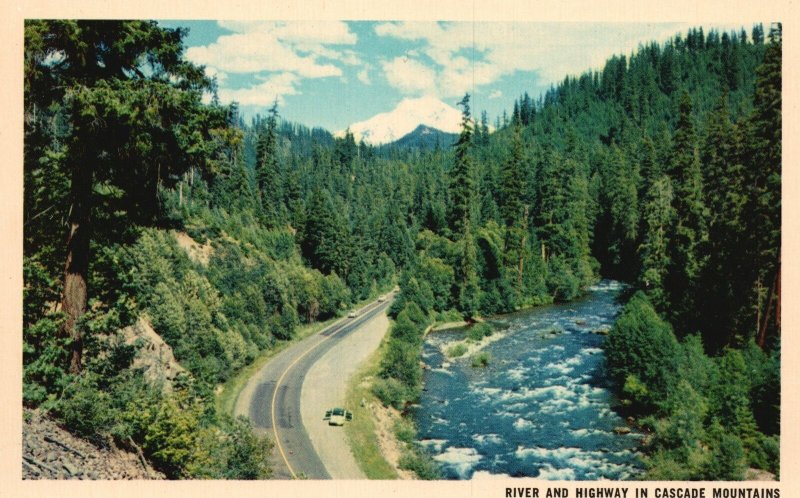Vintage Postcard River & Highway in Cascade Mountains Pacific Northwest ...