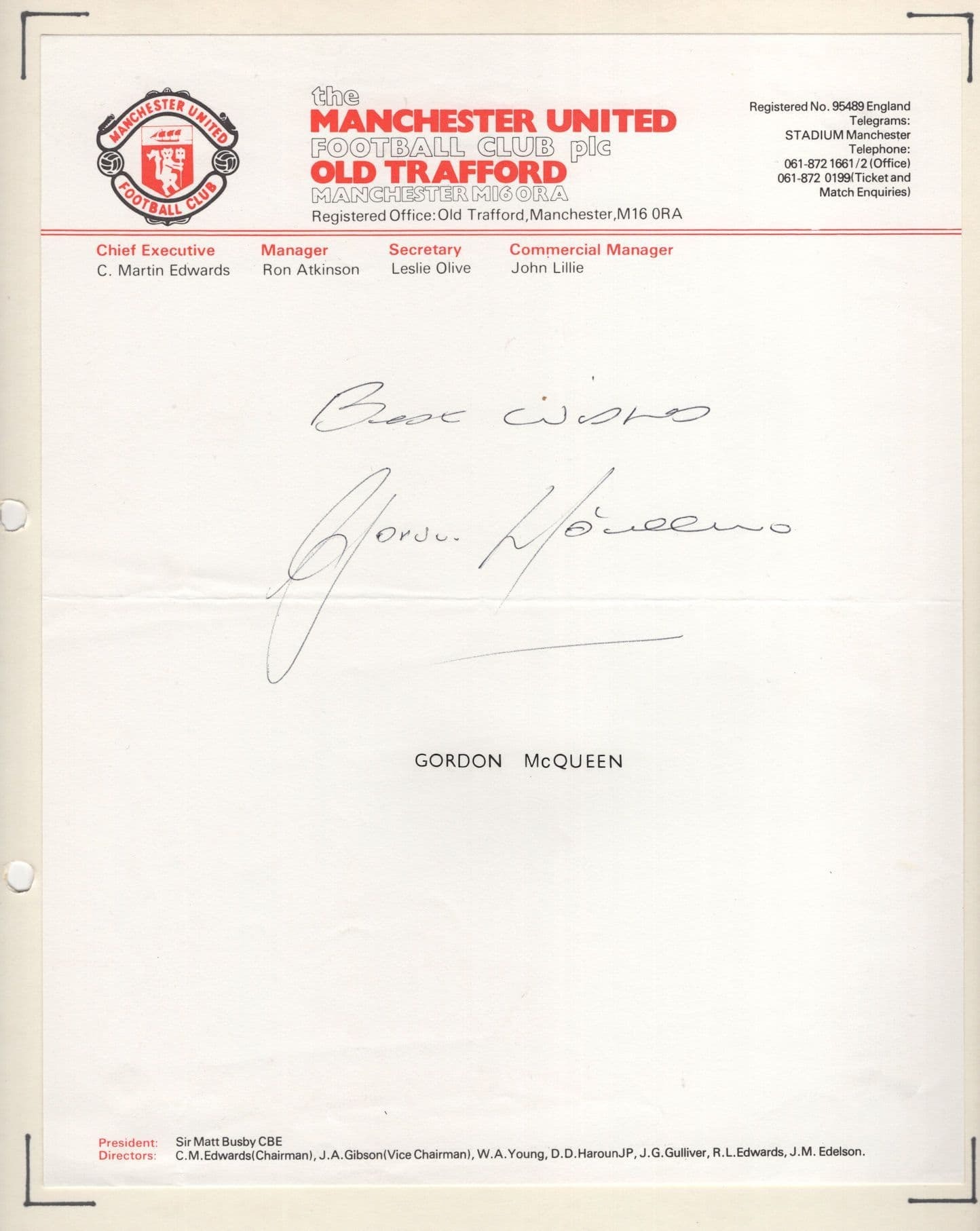 Gordon McQueen Manchester United Football Club Hand Signed Letter ...