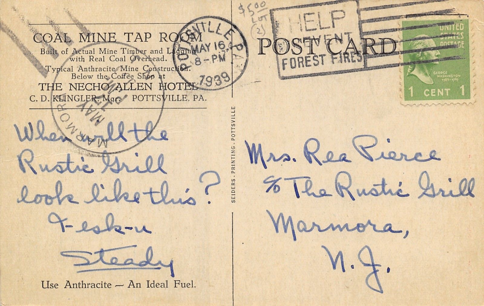 Pottsville PA~Necho Allen Hotel~Coal Mine Tap~Counter~Use Anthracite ...