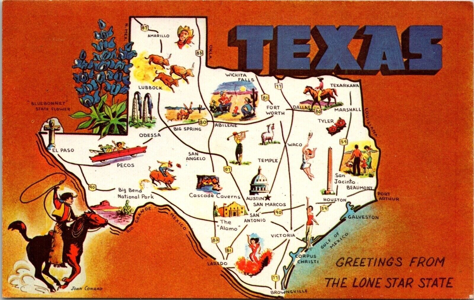 Texas Lone Star State Map Cities Capitol Bluebonnet Pecan DB Postcard ...