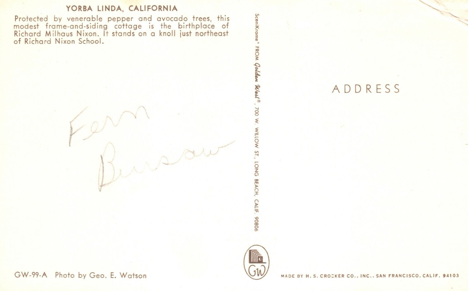 Vintage Postcard View of Birthplace of Richard M. Nixon Yorba Linda ...
