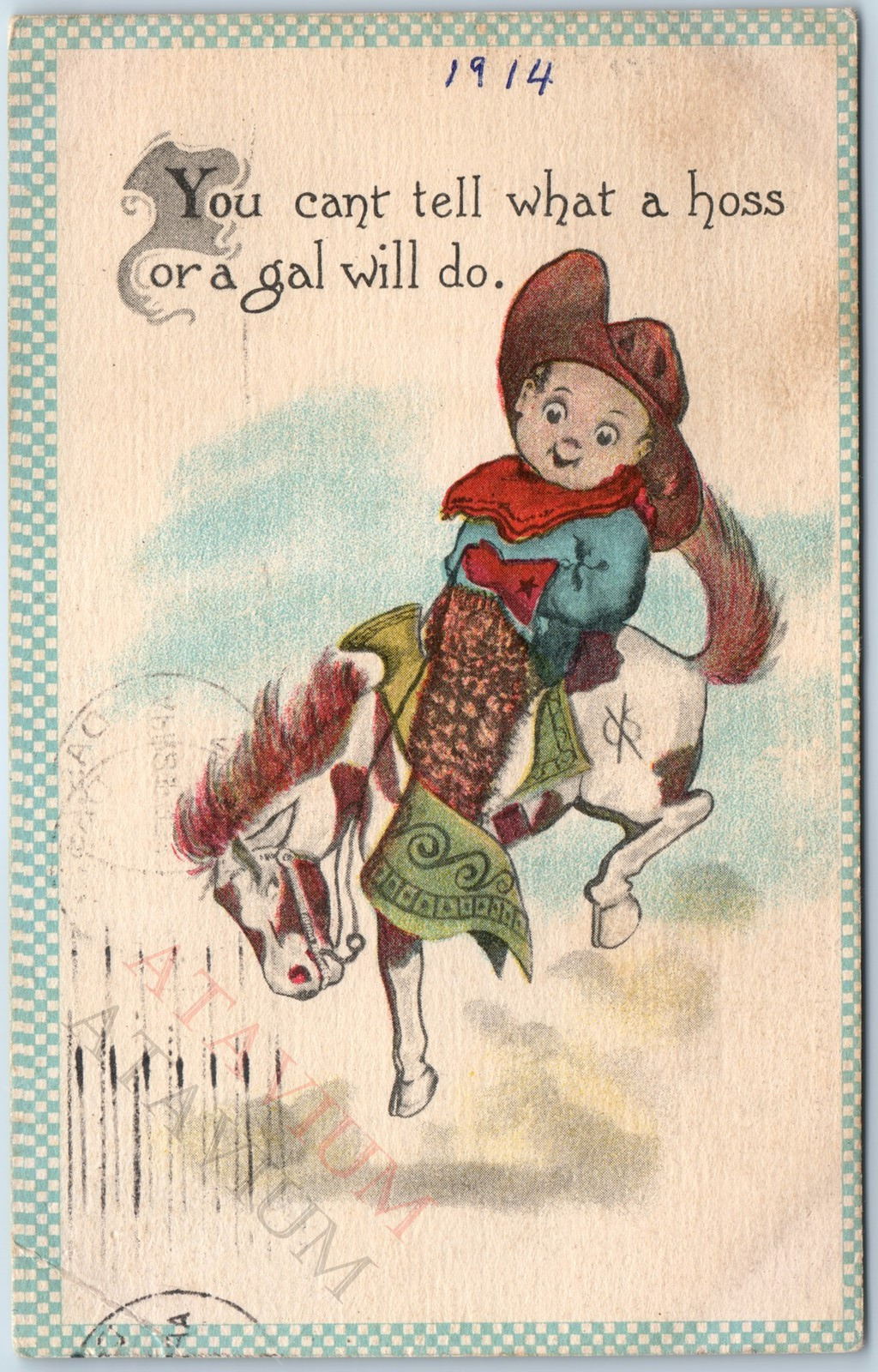 c1910s Cute Art Little Cowboy Bucking Horse "Can't Tell What A Hoss Gal ...