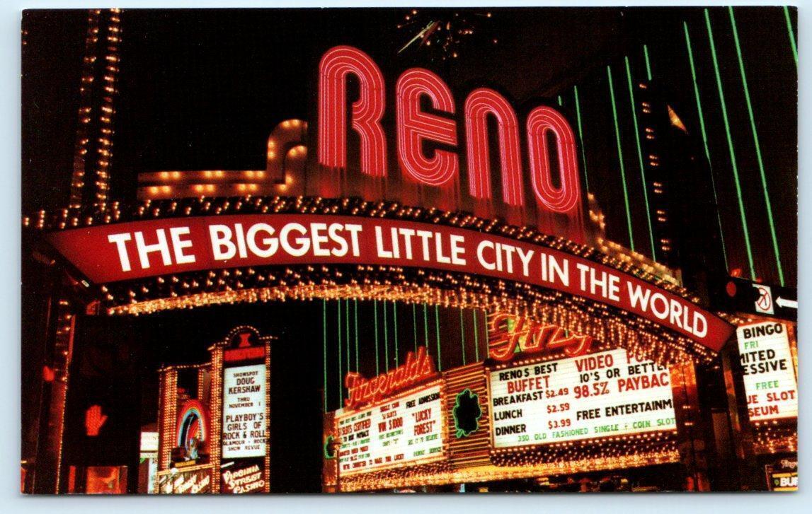 2 Postcards RENO ARCH, NV ~ Night Neon FITZGERALDS & HAROLDS CLUB ...