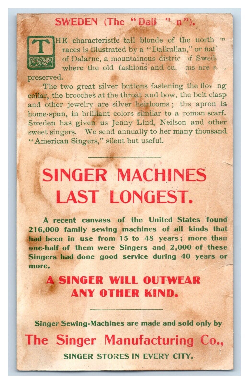 1900s Singer Sewing Machine Calendar January Sweden The Dalkullan P210 ...