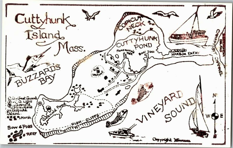 Map of Cuttyhunk Island MA Buzzards Bay Vineyard Sound Vintage Postcard ...