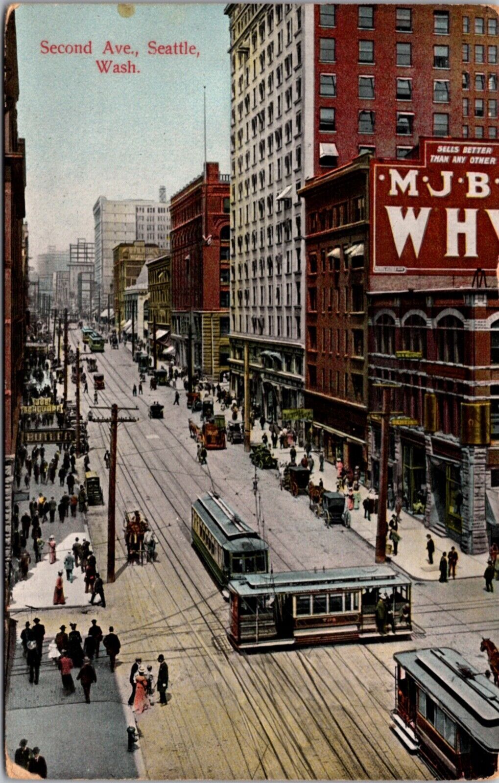 Postcard Overview of Second Avenue, Trolley Street Car in Seattle ...