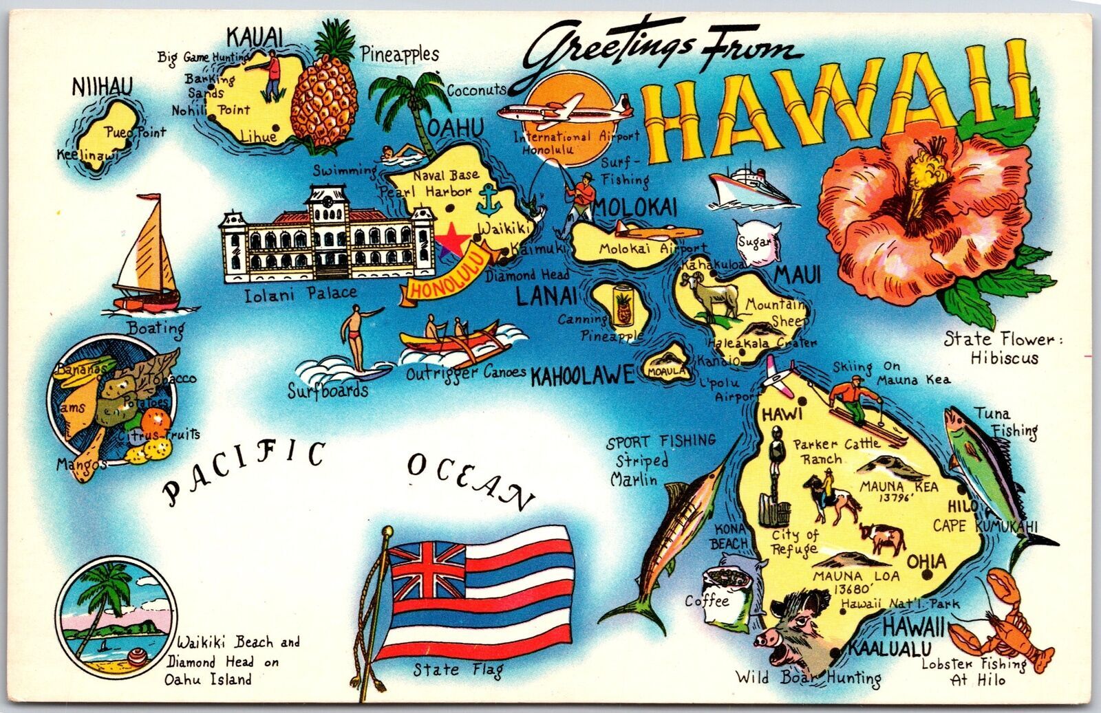 Hawaii, Waikiki Beach, Paradise of Pacific, Famous Places, Map, Vintage ...