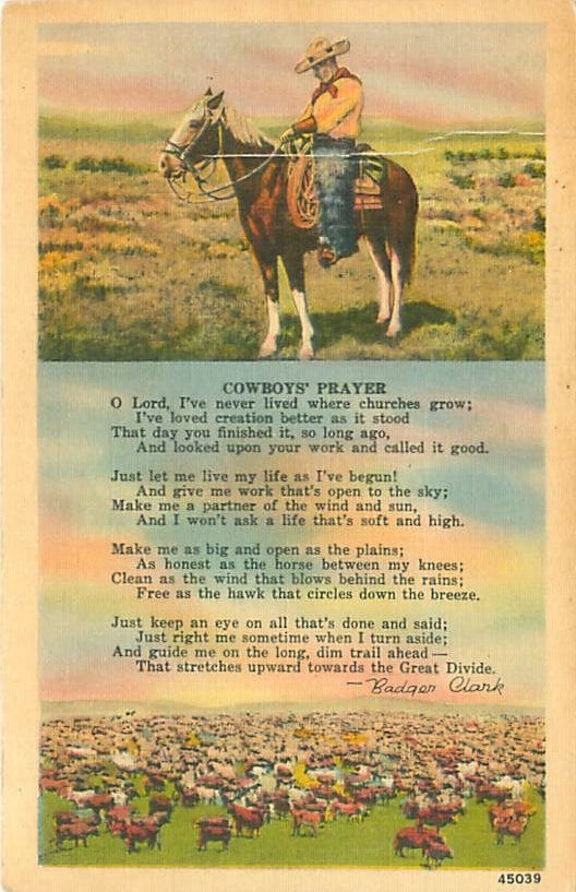 Cowboy Prayer Poem, Cowboy on Horse, Linen Postcard Unused | Topics ...