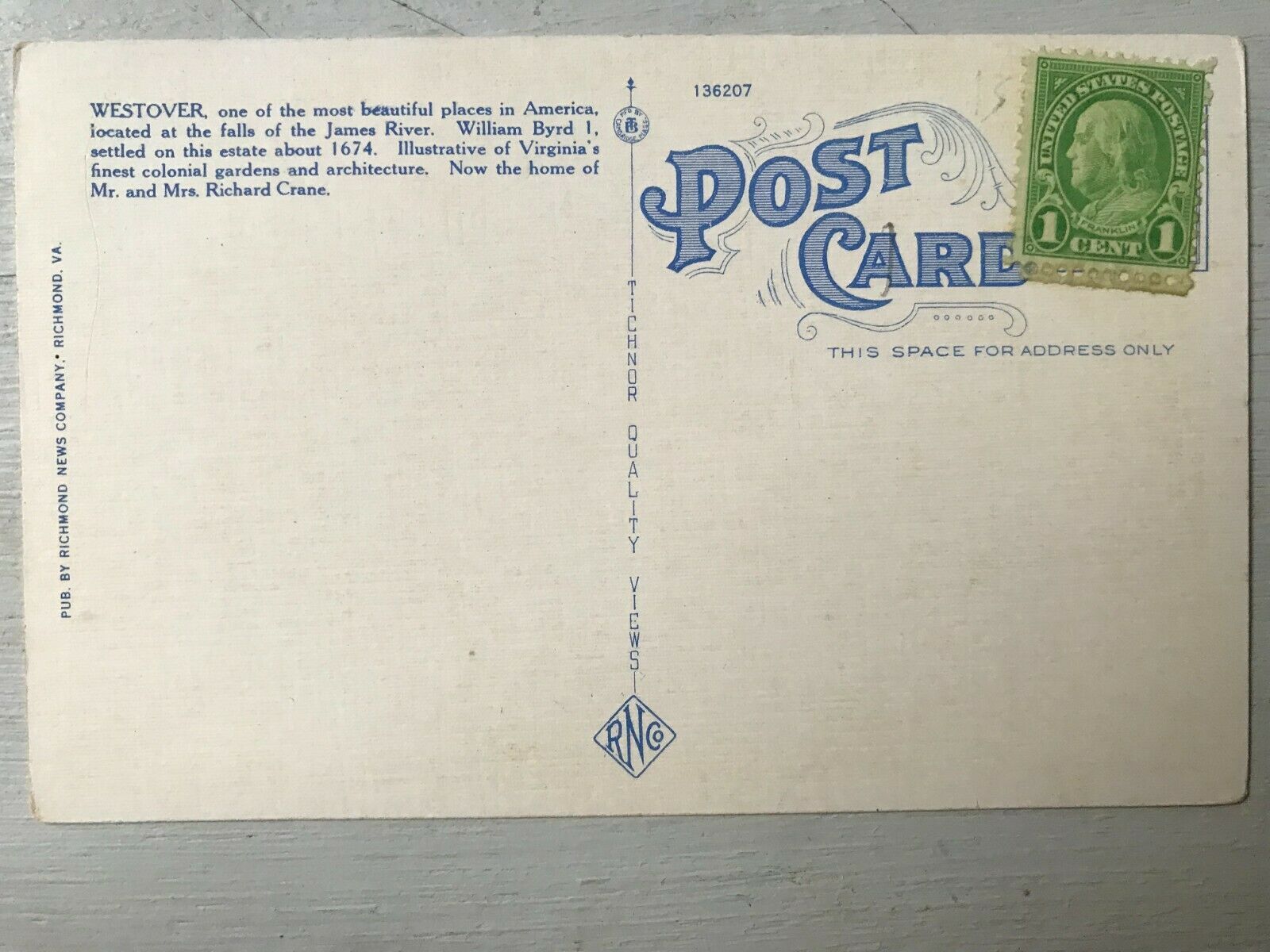 Vintage Postcard 1930-1945 Westover Home & Garden Colonial Virginia ...